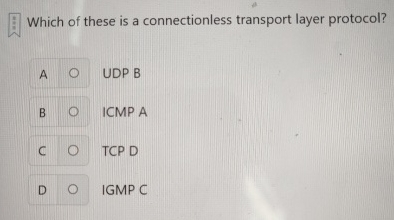 Solved Which of these is a connectionless transport layer | Chegg.com
