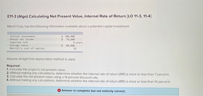 Solved E11-3 (Algo) Calculating Net Present Value, Internal | Chegg.com