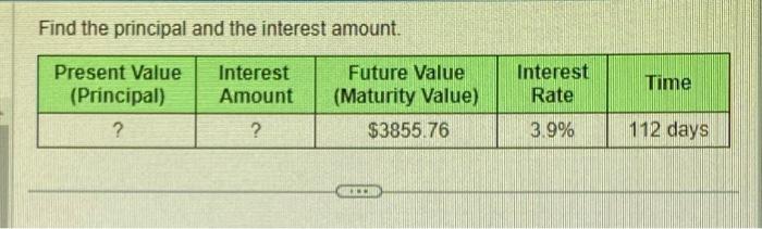 Solved Find the principal and the interest amount. Present | Chegg.com