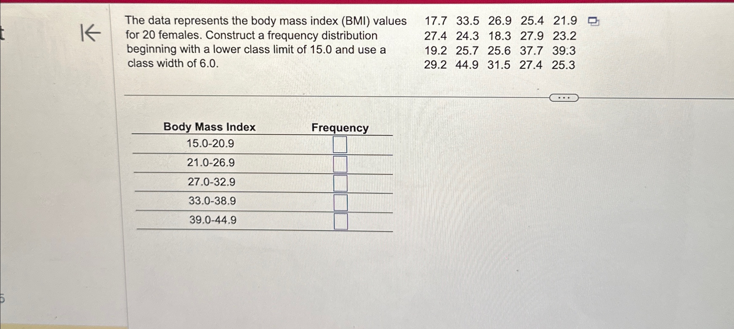 Solved The data represents the body mass index (BMI) ﻿values | Chegg.com
