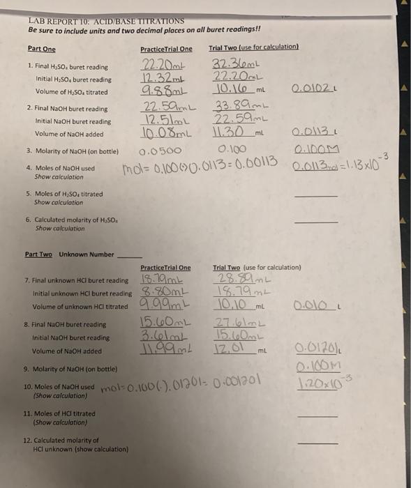 Solved LAB REPORT 10: ACID BASE TITRATIONS Be sure to | Chegg.com