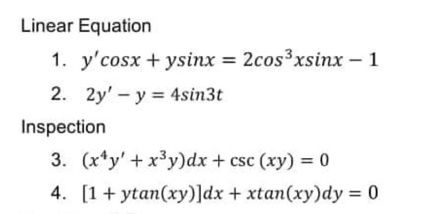 Linear Equation 1. y'cosx+ysinx = 2cos xsinx - 1 2. | Chegg.com
