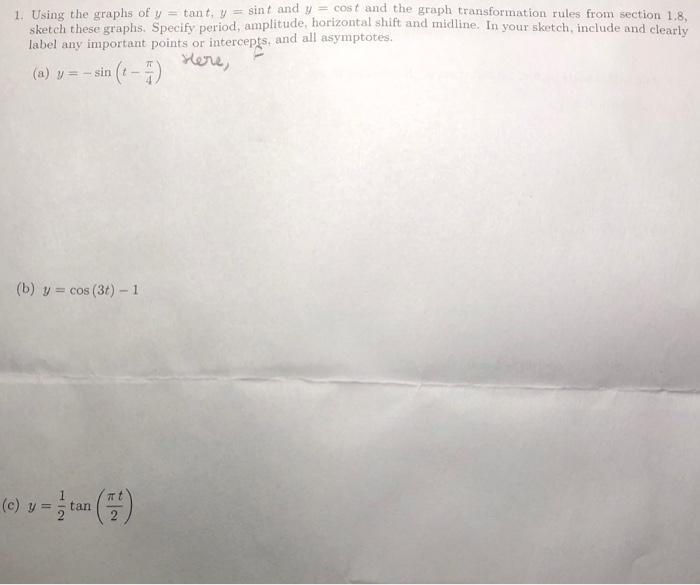 Solved 1. Using the graphs of y = tant, y = sint and = cost | Chegg.com