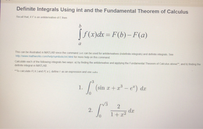 Solved Definite Integrals Using int and the Fundamental | Chegg.com