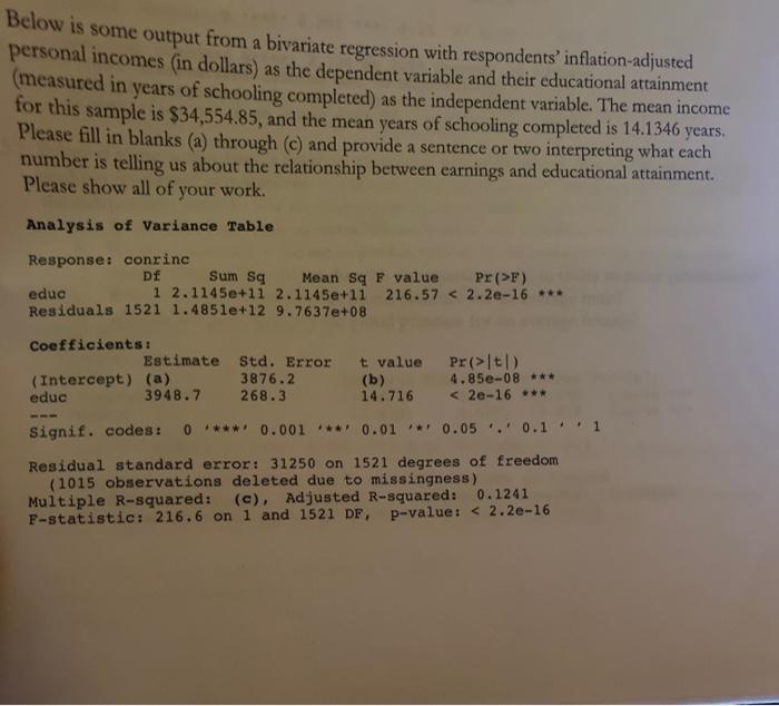 Solved Below Is Some Output From A Bivariate Regression With 1864