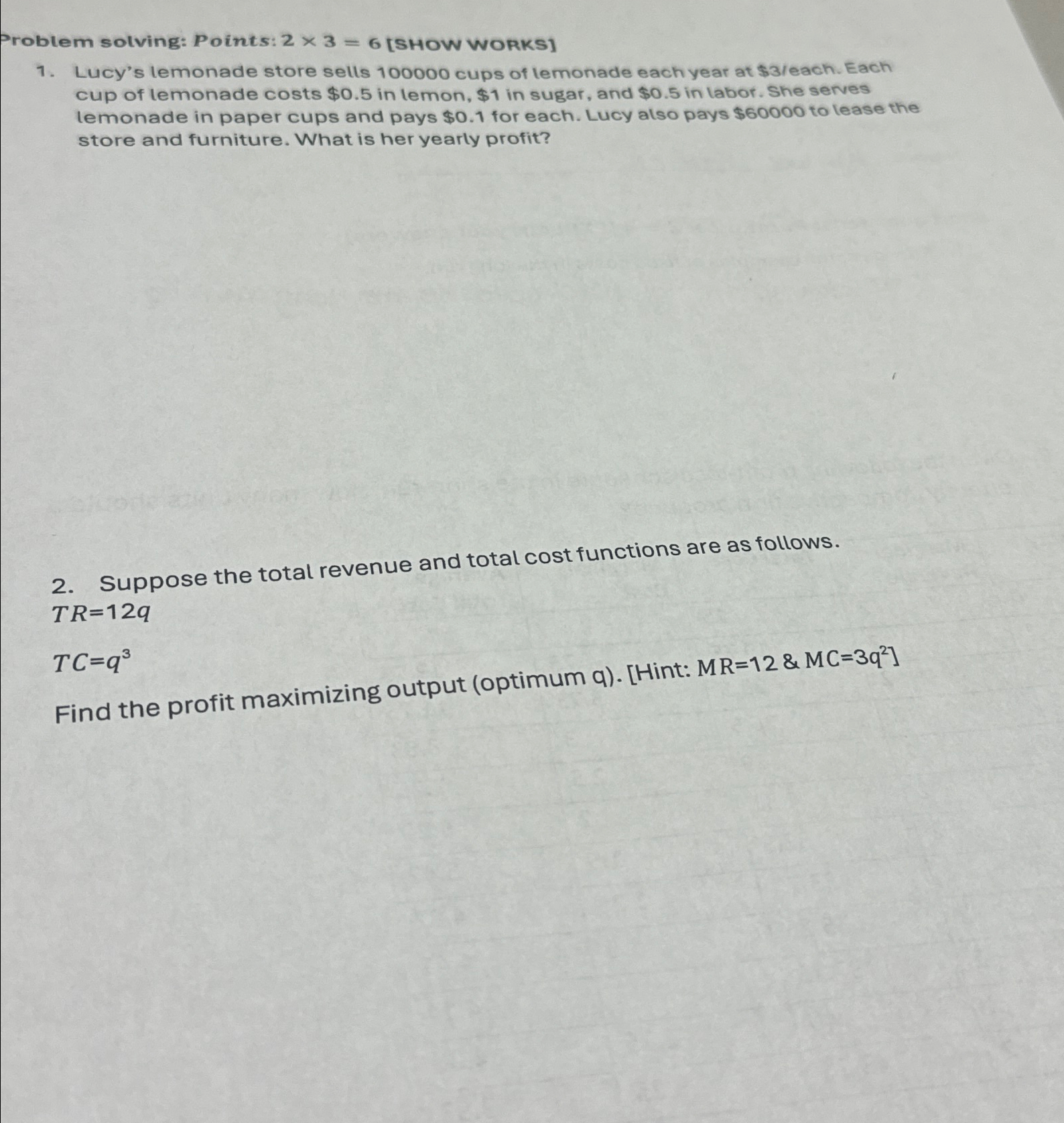 Solved Problem solving: Points: 2×3=6 [SHOW WORKs]Lucy's | Chegg.com