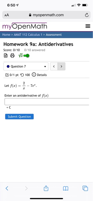 Solved 6:50 7 AA myopenmath.com myOpenMath Home > AMAT 112 | Chegg.com