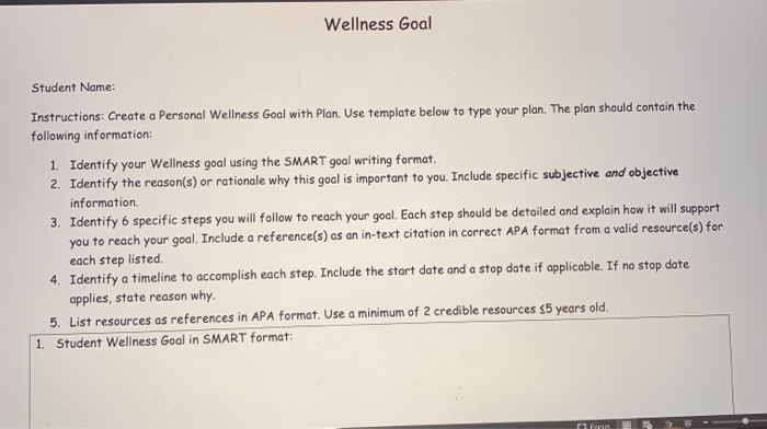 Solved Wellness Goal Student Name: Instructions: Create a | Chegg.com