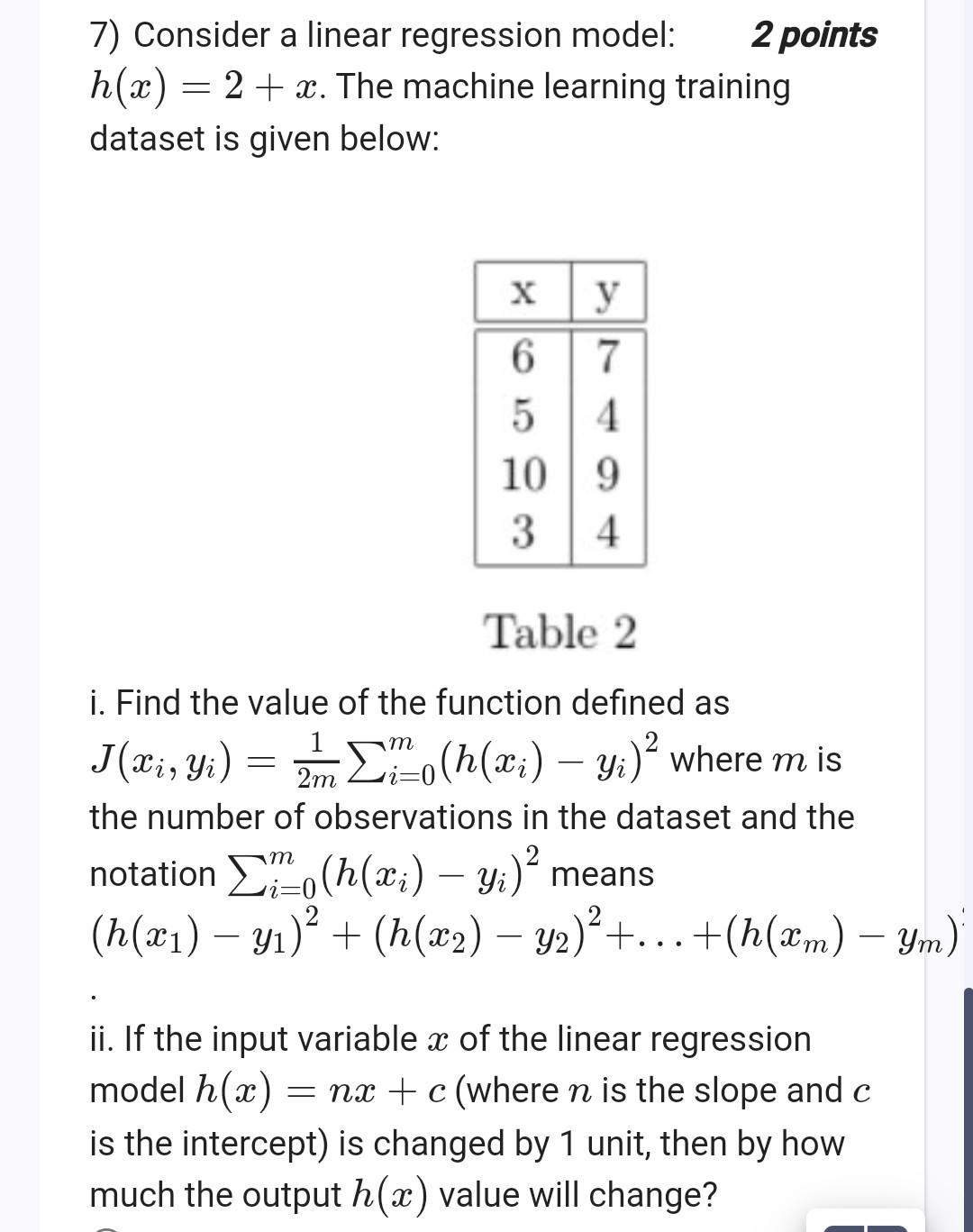 Solved 7) Consider a linear regression model: 2 points h(x) | Chegg.com