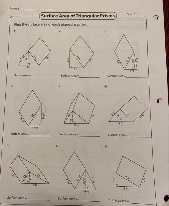 Solved Surface Area of Triangular Prisms Sheet 1 Find the | Chegg.com