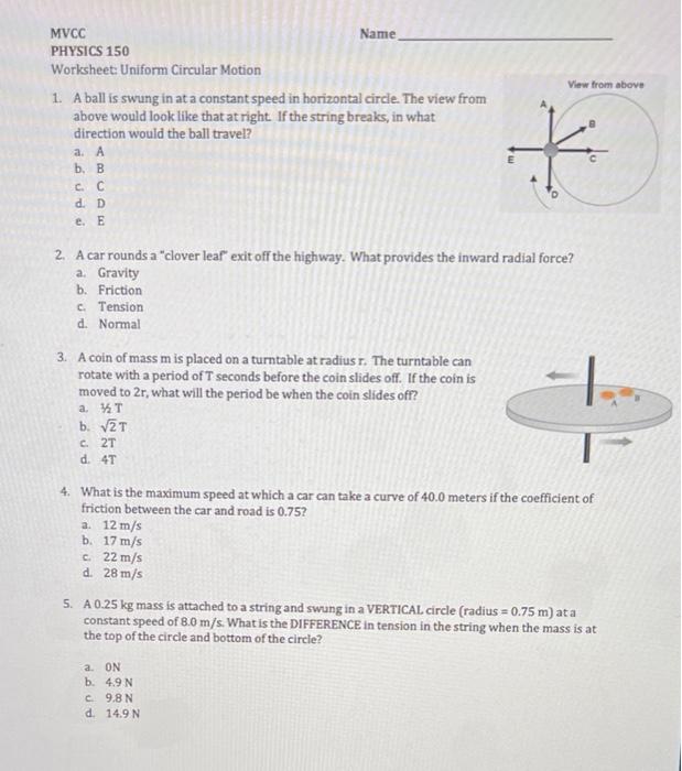 Solved MVCC Name PHYSICS 150 Worksheet: Uniform Circular | Chegg.com