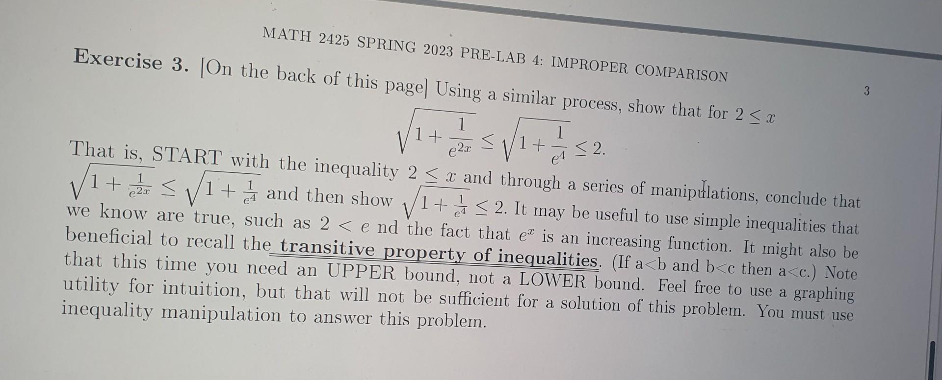 Solved MATH 2425 SPRING 2023 PRE-LAB 4: IMPROPER COMPARISON | Chegg.com