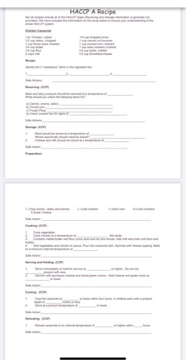 HACCP A Recipe AD 2. cheed T. 1 Tors mob. Ring CCP | Chegg.com