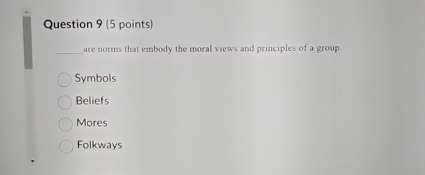 Solved Question 9 (5 ﻿points)are norms that embody the moral | Chegg.com