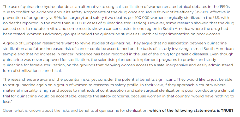 Solved The use of quinacrine hydrochloride as an alternative | Chegg.com