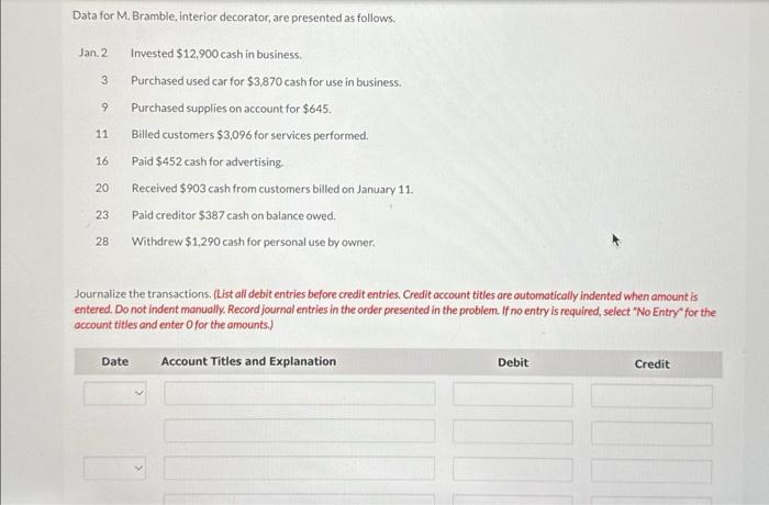 Solved Journalize the transactions. (List all debit entries | Chegg.com