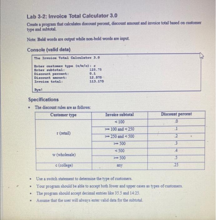 Solved Lab 3-2: Invoice Total Calculator 3.0 Create a | Chegg.com