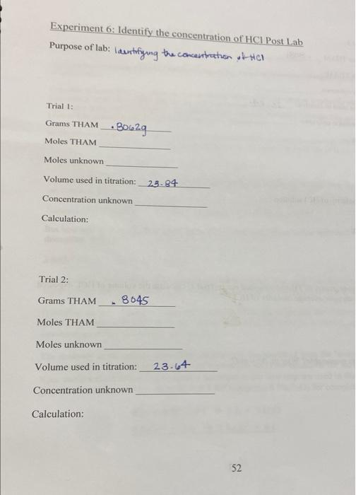 Solved Experiment 6: Identify the concentration of HCI Post | Chegg.com