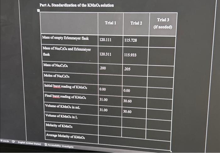 Solved Part A. Standardization of the KMnOs solution | Chegg.com