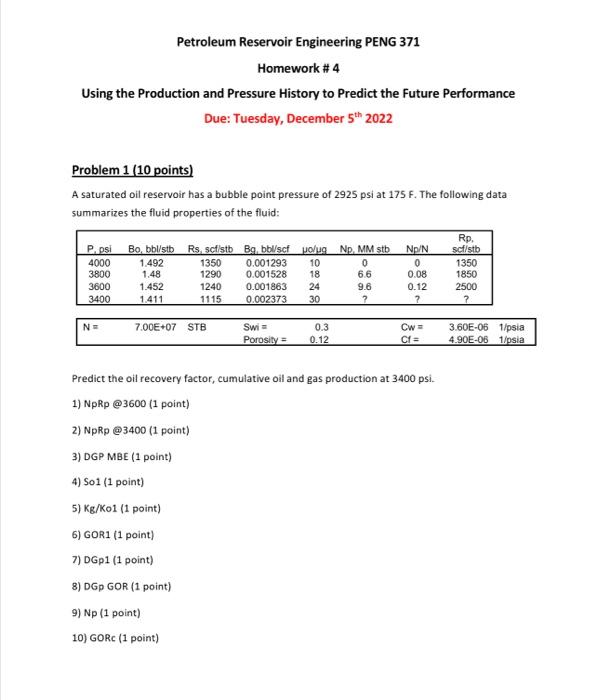Petroleum Reservoir Engineering PENG 371 Homework \# | Chegg.com
