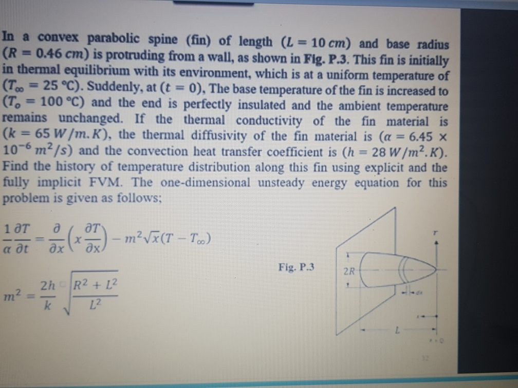 In a convex parabolic spine (fin) of length (L = 10 | Chegg.com
