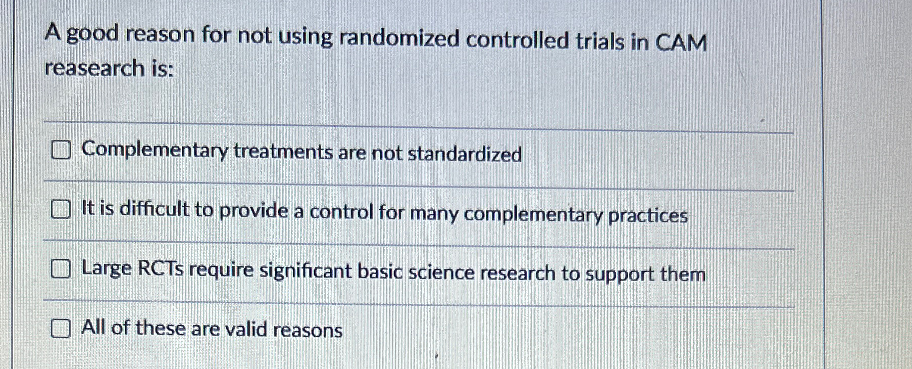 Solved A good reason for not using randomized controlled | Chegg.com