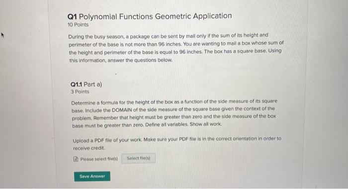 Solved Q1 Polynomial Functions Geometric Application 10 | Chegg.com