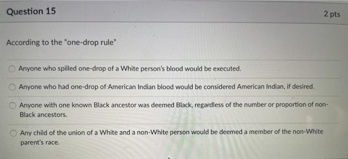 Solved Question 15 2 pts According to the "one-drop rule" | Chegg.com