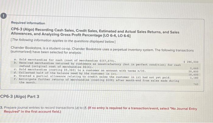 Solved Required information CP6-3 (Algo) Recording Cash | Chegg.com