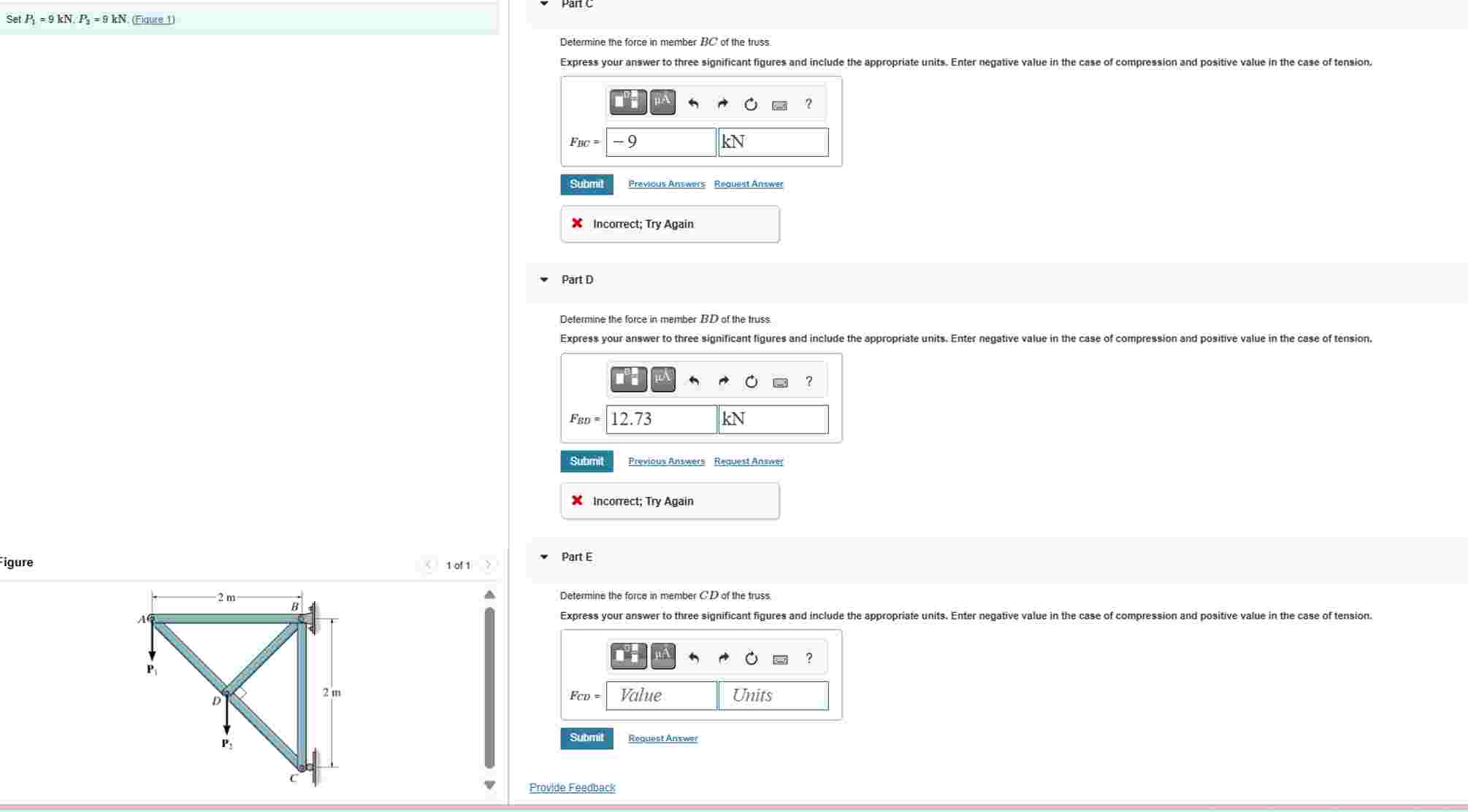 Solved 1 ﻿of 6ReviewIntroductionSet P1P1 = 9 kNkN, | Chegg.com