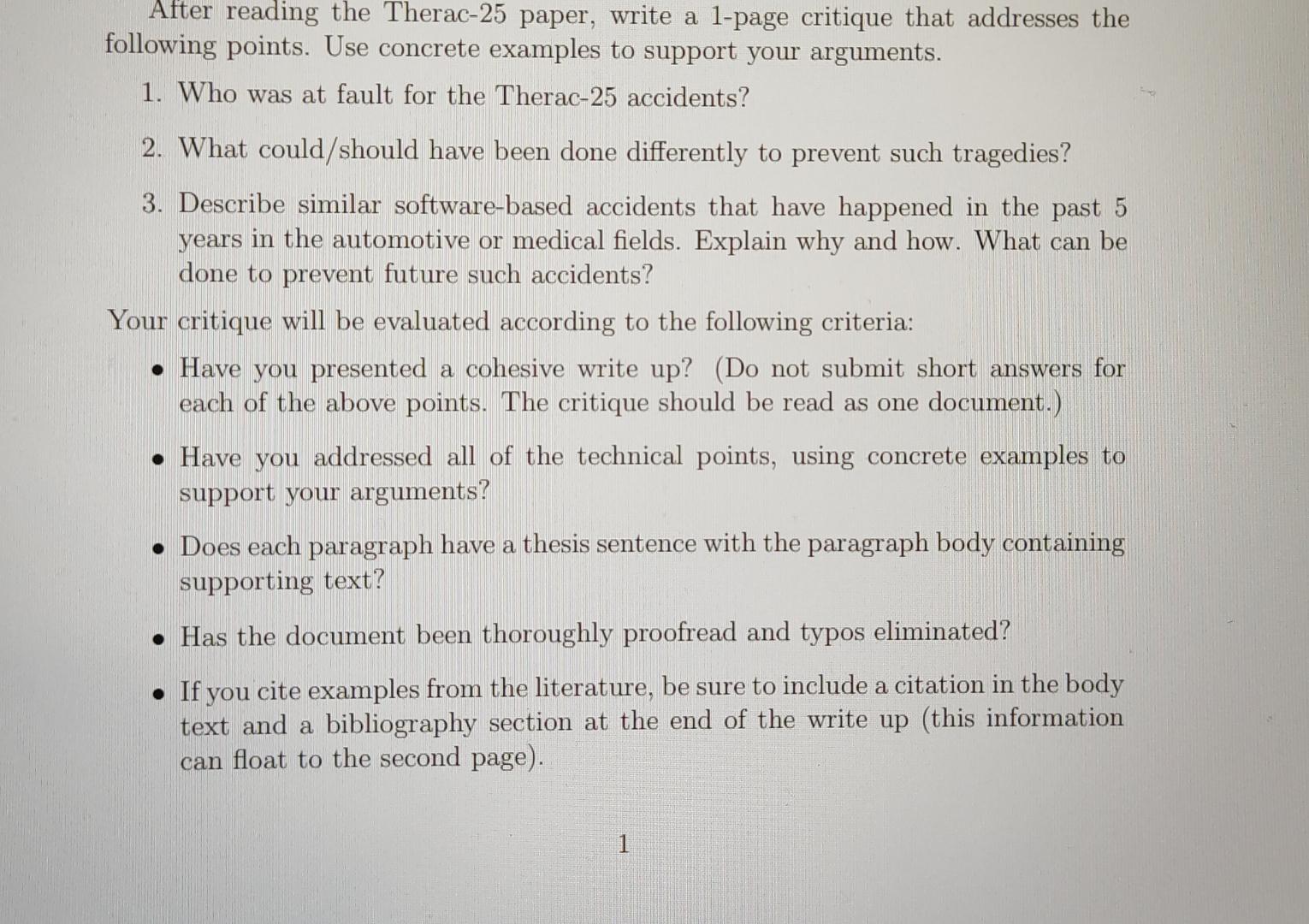 Solved After reading the Therac- 25 ﻿paper, write a 1 -page | Chegg.com
