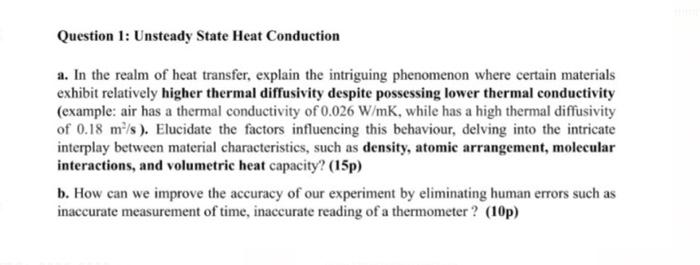 Solved Question 1: Unsteady State Heat Conduction a. In the | Chegg.com
