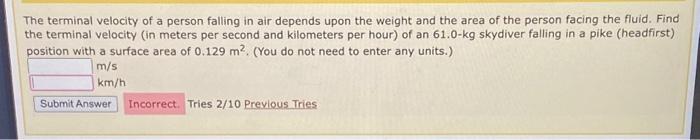Solved The terminal velocity of a person falling in air | Chegg.com