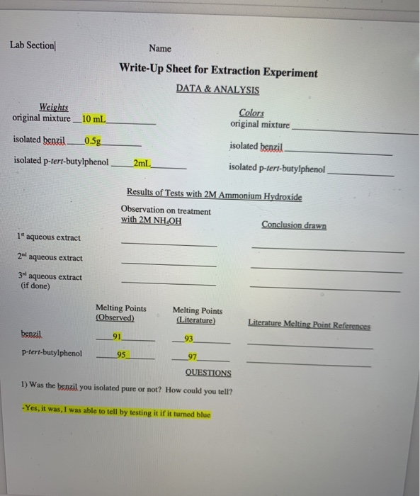 Lab Section Name Write-Up Sheet for Extraction | Chegg.com