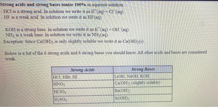 Solved Strong acids and strong bases ionize 100% in aqueous | Chegg.com