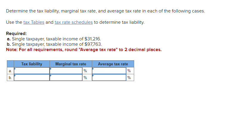 Solved Determine the tax liability, marginal tax rate, and | Chegg.com