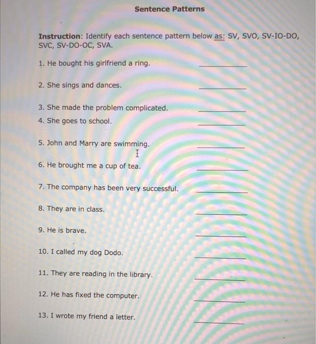 Sentence Patterns Instruction: Identity each sentence | Chegg.com