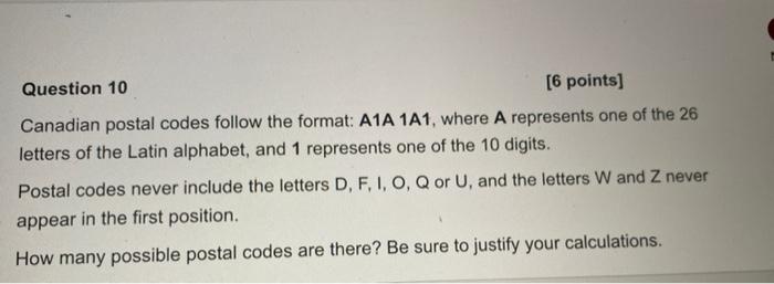 Solved Question 10 [6 points) Canadian postal codes follow | Chegg.com