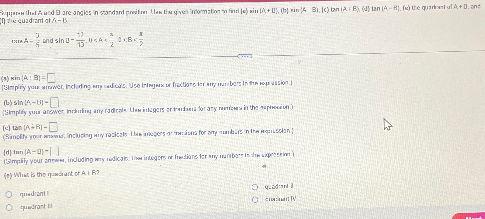 Solved Suppose that A and B ﻿are angles in standard | Chegg.com