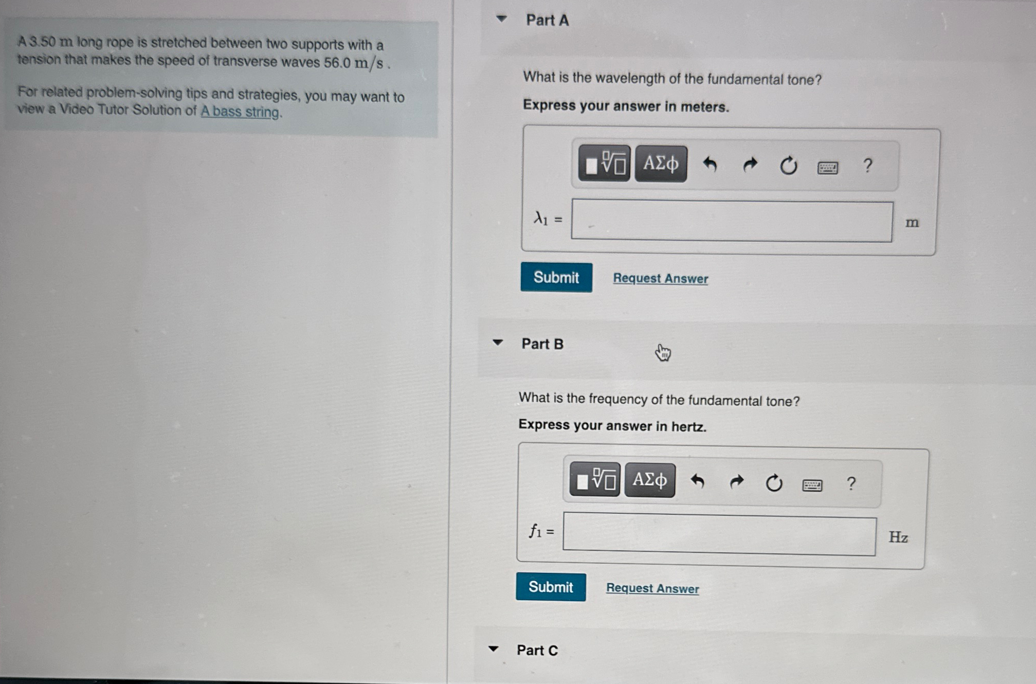 Solved A 3.50m ﻿long rope is stretched between two supports | Chegg.com