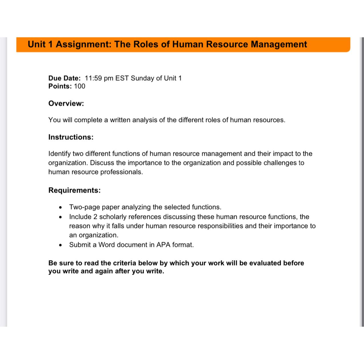 Solved Unit 1 ﻿Assignment: The Roles of Human Resource | Chegg.com