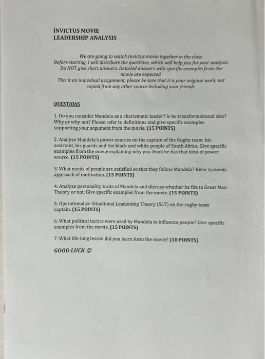 Solved INVICTUS MOVIE LEADERSHIP ANALYSIS We are going to | Chegg.com