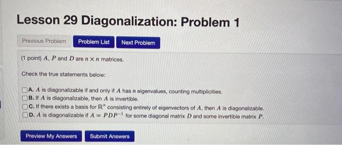 Solved Lesson 29 Diagonalization: Problem 1 Previous Problem | Chegg.com