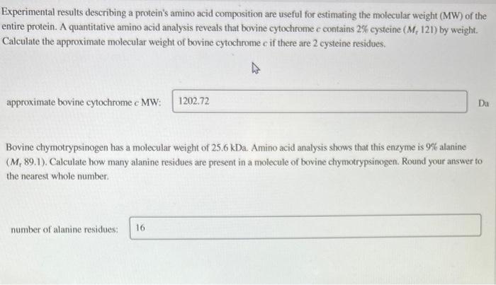 Solved Experimental results describing a protein's amino | Chegg.com