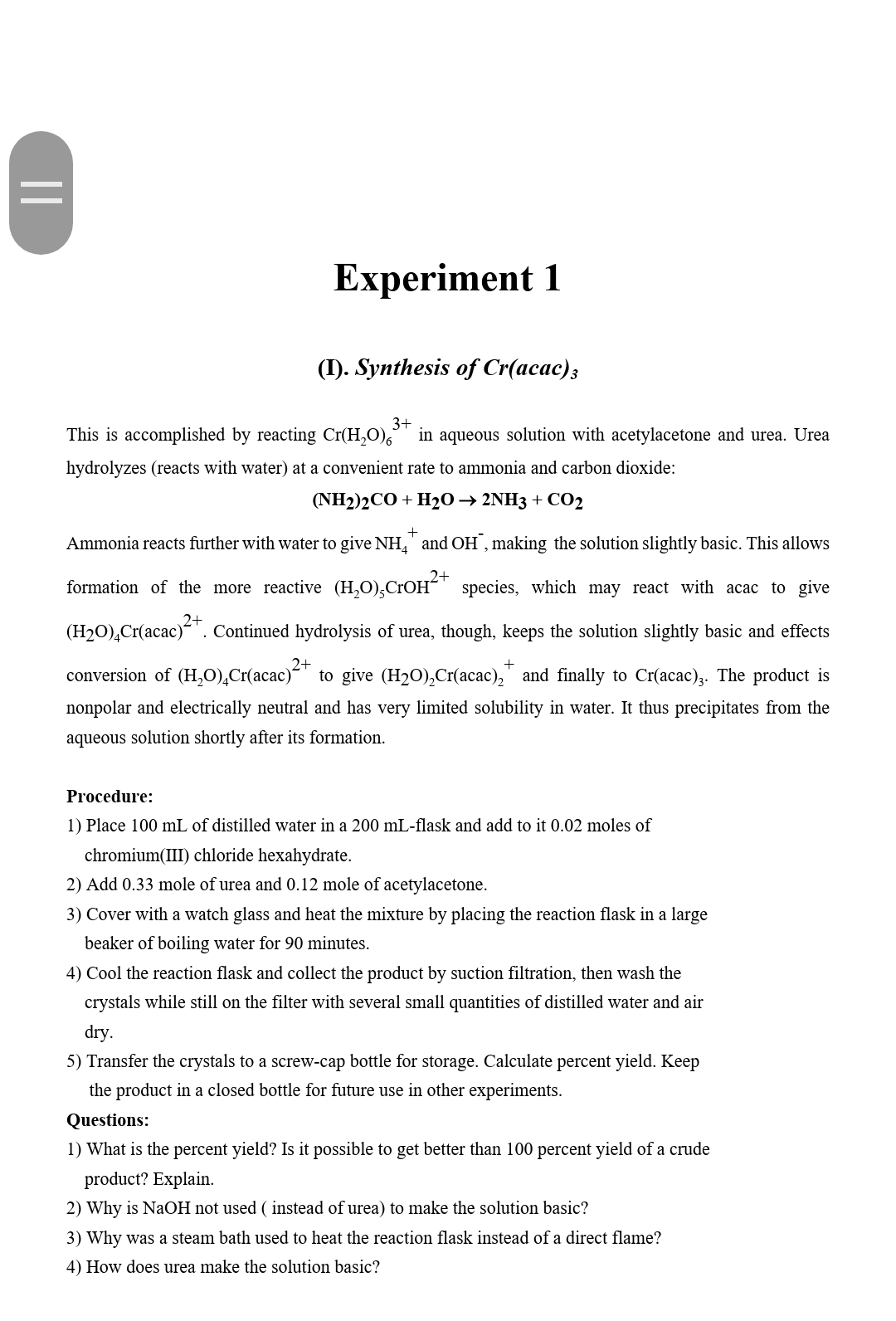 Solved II Experiment 1 (I). Synthesis of Cr(acac); 3+ This | Chegg.com