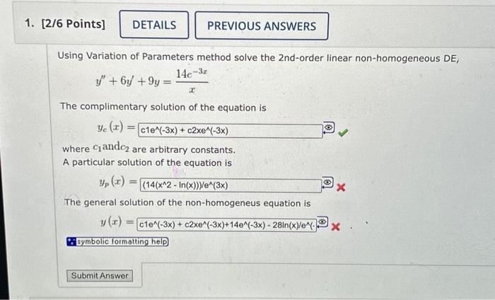 Solved Using Variation of Parameters method solve the | Chegg.com