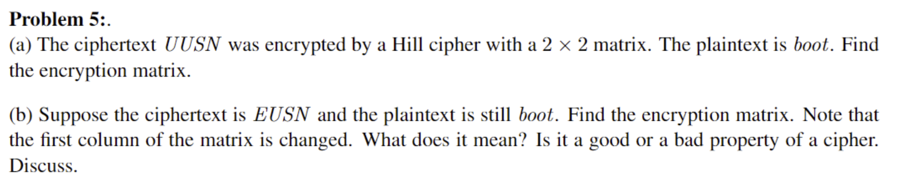 Problem 5:.(a) ﻿The ciphertext UUSN was encrypted by | Chegg.com