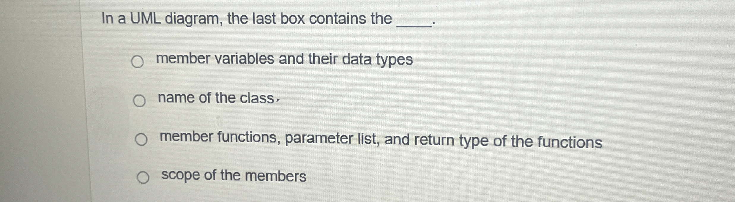 Solved In a UML diagram, the last box contains themember | Chegg.com
