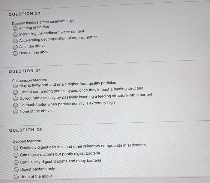 Solved QUESTION 23 Deposit feeders affect sediments by: | Chegg.com