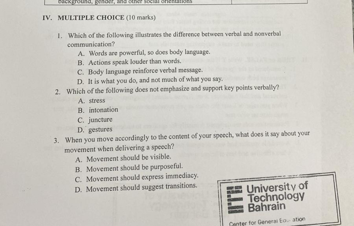 Solved IV. ﻿MULTIPLE CHOICE (10 ﻿marks)Which of the | Chegg.com